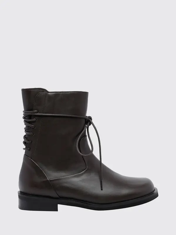POEVE Smooth Calfskin Biker Boots With Adjustable Straps And Side Zip - Dark