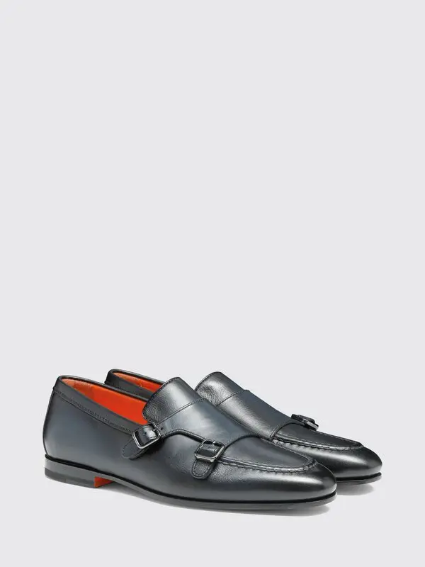 Santoni Smooth Calfskin Double-buckle Monk Strap Shoes