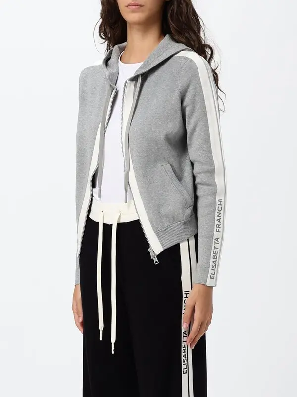 Elisabetta Franchi Wool Blend Knit Zip-up Hoodie With Logo Bands - Grey