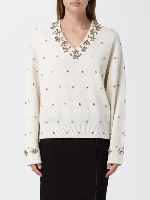 Pinko Pure Cashmere V-neck Sweater With Crystal Embroidery