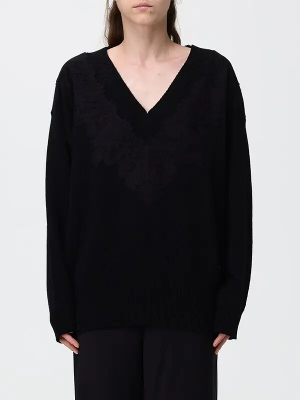 Alberta Ferretti V-neck Sweater With Lace Inserts In Cashmere And Camel - Black
