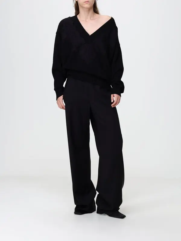 Alberta Ferretti V-neck Sweater With Lace Inserts In Cashmere And Camel - Black