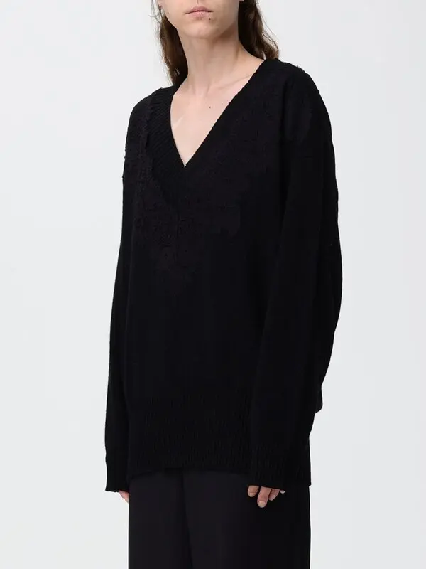 Alberta Ferretti V-neck Sweater With Lace Inserts In Cashmere And Camel - Black