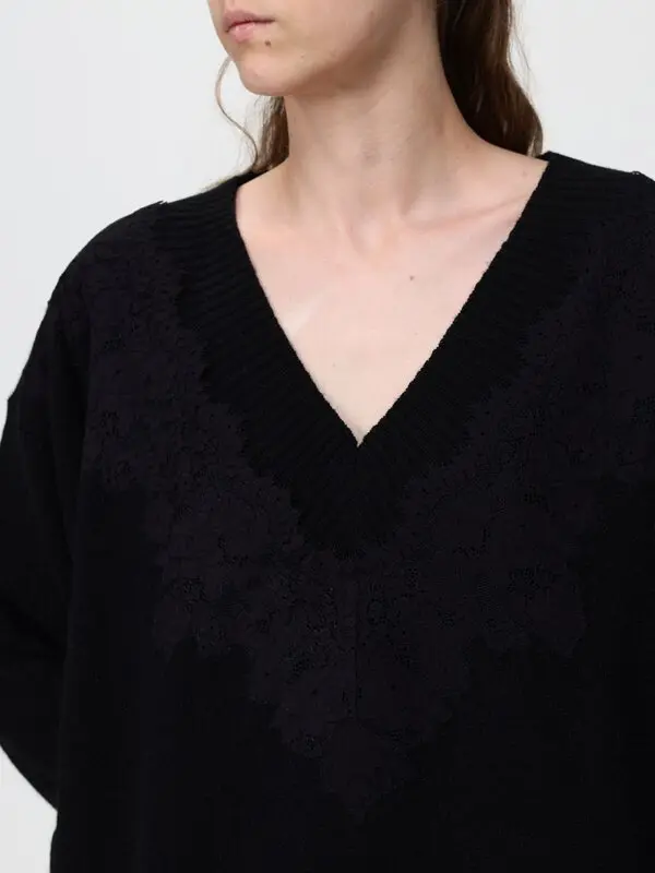 Alberta Ferretti V-neck Sweater With Lace Inserts In Cashmere And Camel - Black