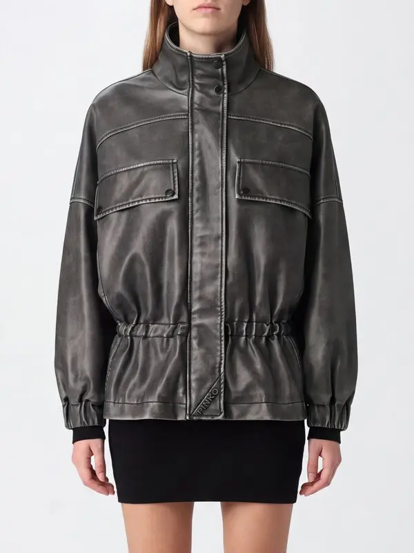 Pinko Cropped Faux Leather Bomber Jacket With Funnel Neck And Elasticated Waist - Grey