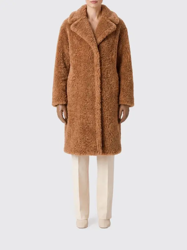Herno Knee-length Faux Shearling Coat With A High Neck - Camel