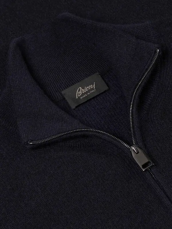 Brioni Half-zip Turtleneck Sweater In Cashmere And Wool Blend - Navy