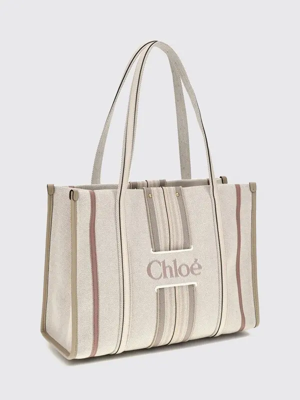Chloé Woody Loop Tote Bag In Multi Striped Canvas With Embroidered Logo - Pink