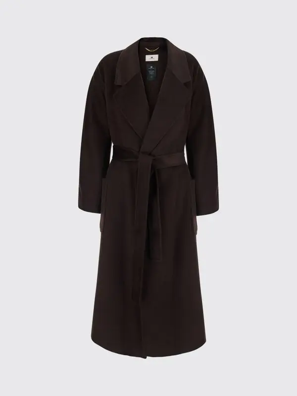 Elisabetta Franchi Long Robe Coat In Pure Wool With A Waist Belt