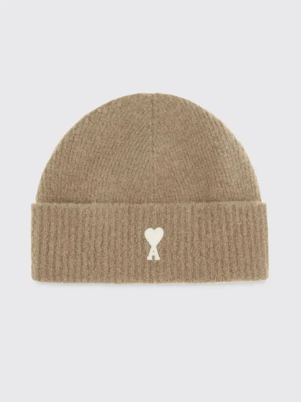 AMI Paris Wool And Alpaca Blend Beanie Hat With Embroidered Logo - Beige