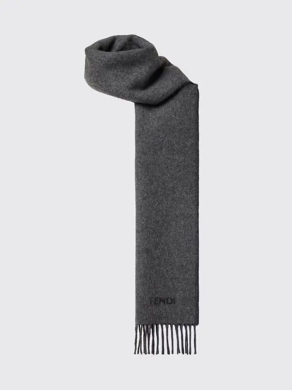 Fendi Pure Cashmere Scarf With Embroidered Logo And Fringed Edges - Grey
