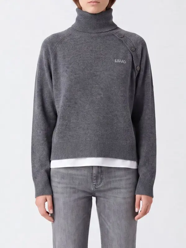 Liu Jo Wool And Cotton Turtleneck With Shoulder Buttons And Contrast Logo - Grey