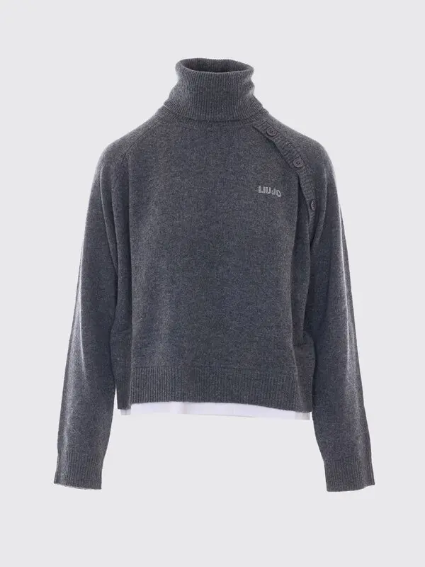 Liu Jo Wool And Cotton Turtleneck With Shoulder Buttons And Contrast Logo - Grey