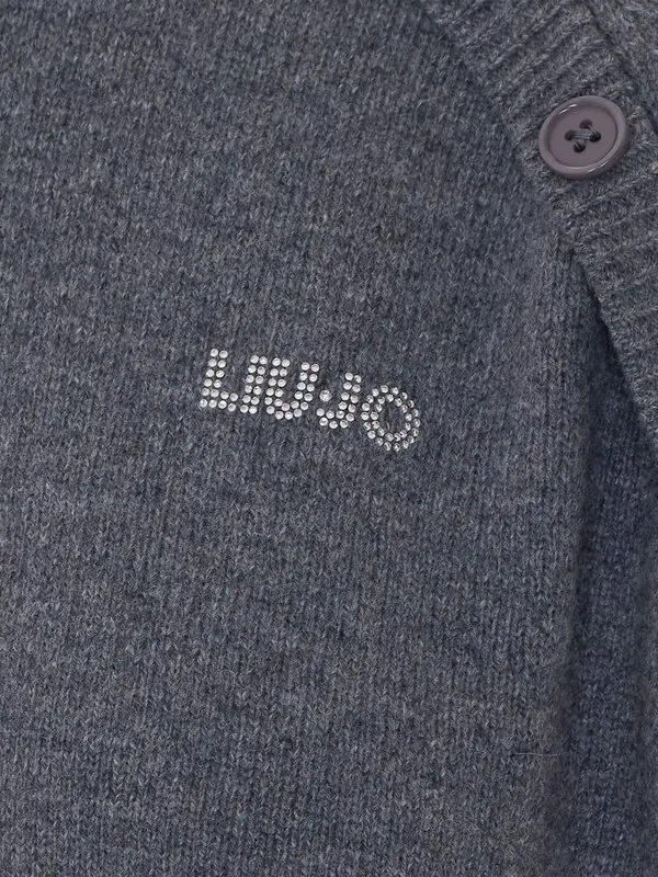 Liu Jo Wool And Cotton Turtleneck With Shoulder Buttons And Contrast Logo - Grey
