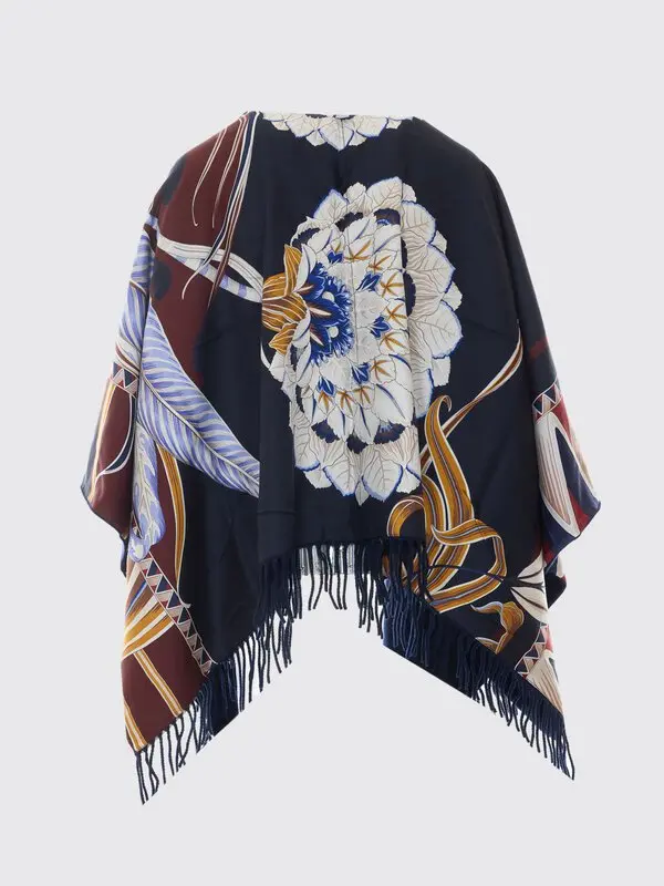 FERRAGAMO Cashmere And Wool Cape With Floral Print And Asymmetrical Hem