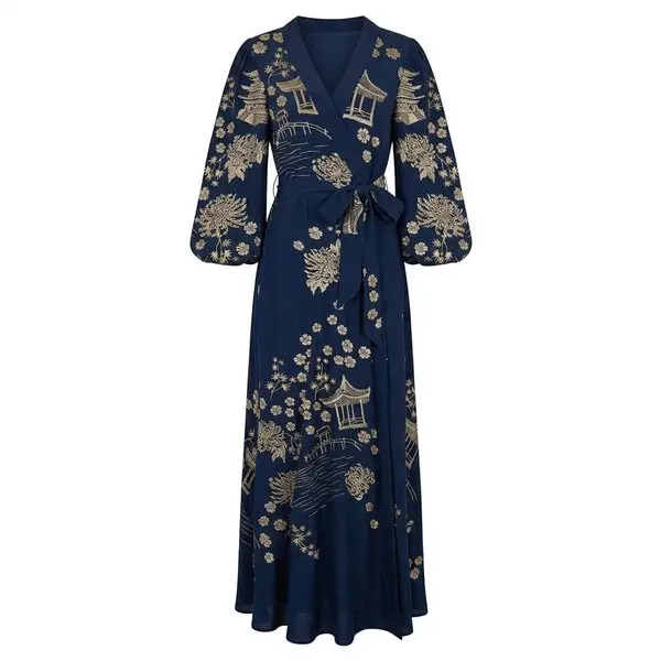 ARTEMIS MUSE Gold & Navy Pagoda Hera Dress