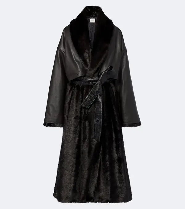 Magda Butrym Belted Leather-trimmed Coat - Brown