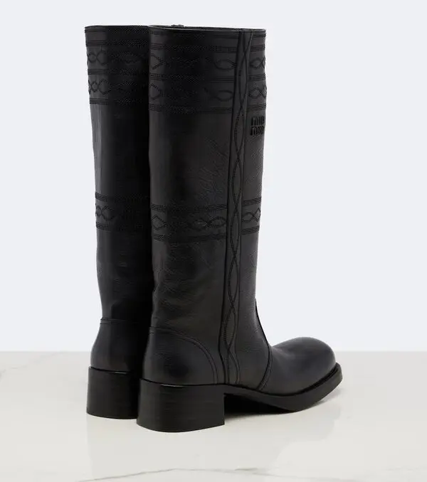 Miu Miu Embroidered Leather Knee-high Boots