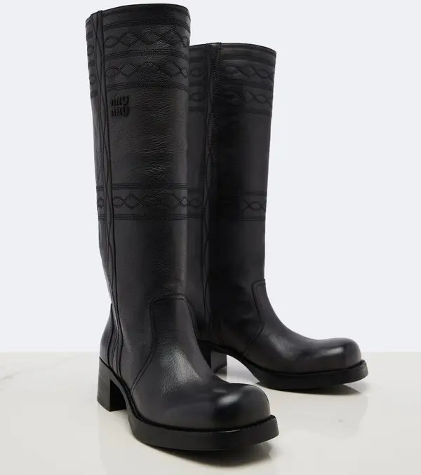 Miu Miu Embroidered Leather Knee-high Boots