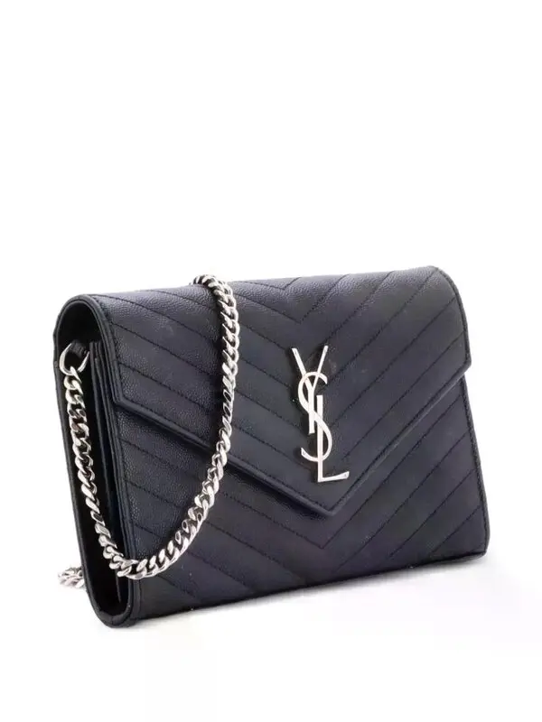 Saint Laurent Classic Monogram Wallet On Chain Matelasse Chevron Leather Medium Crossbody Bag - Black