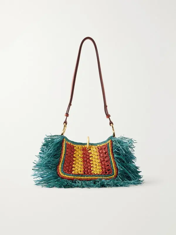 Rabanne Leather-trimmed Fringed Raffia Shoulder Bag