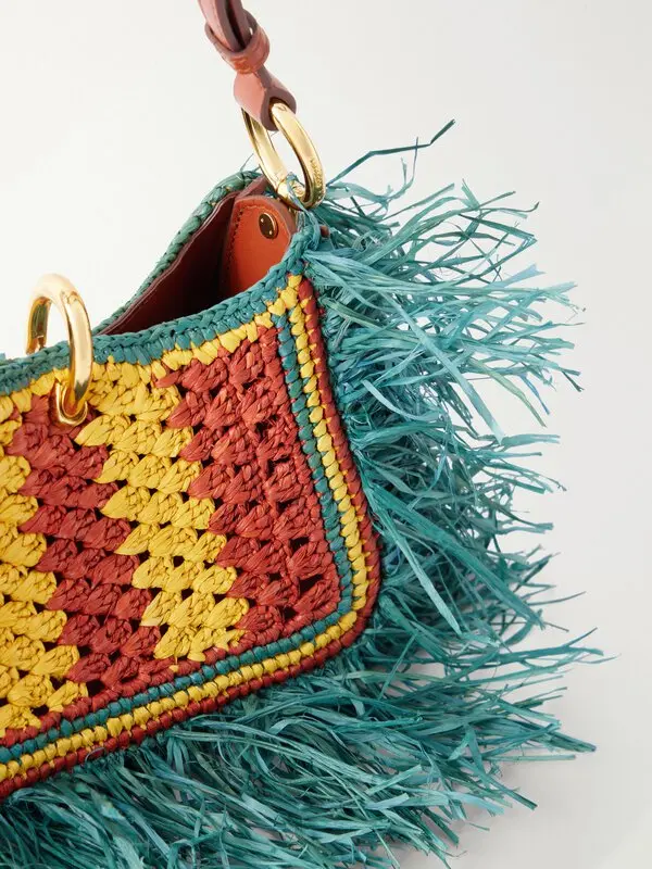 Rabanne Leather-trimmed Fringed Raffia Shoulder Bag