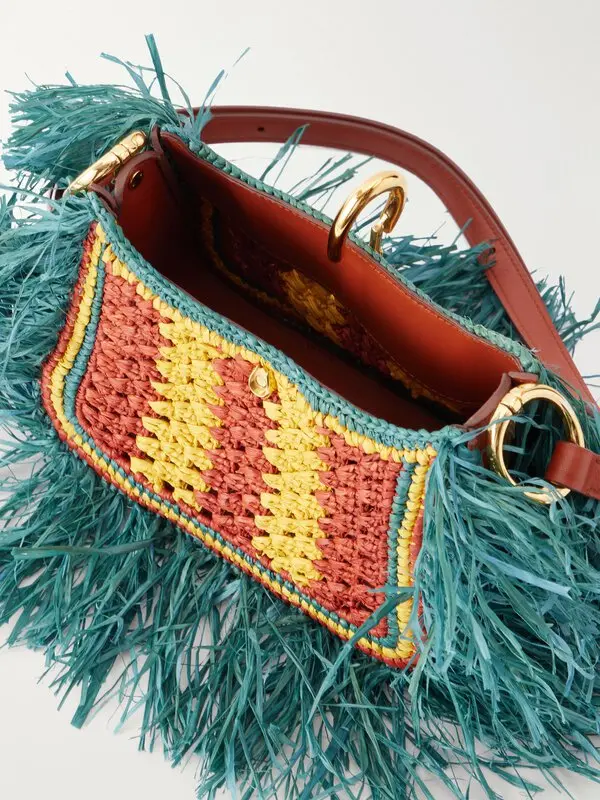 Rabanne Leather-trimmed Fringed Raffia Shoulder Bag