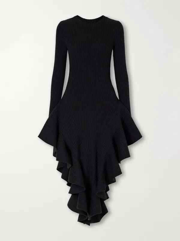 Alaïa Ruffled Ribbed Wool-blend Midi Dress