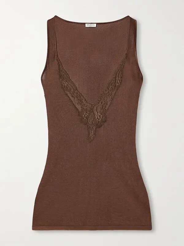Balmain Lace-trimmed Knitted Tank - Brown