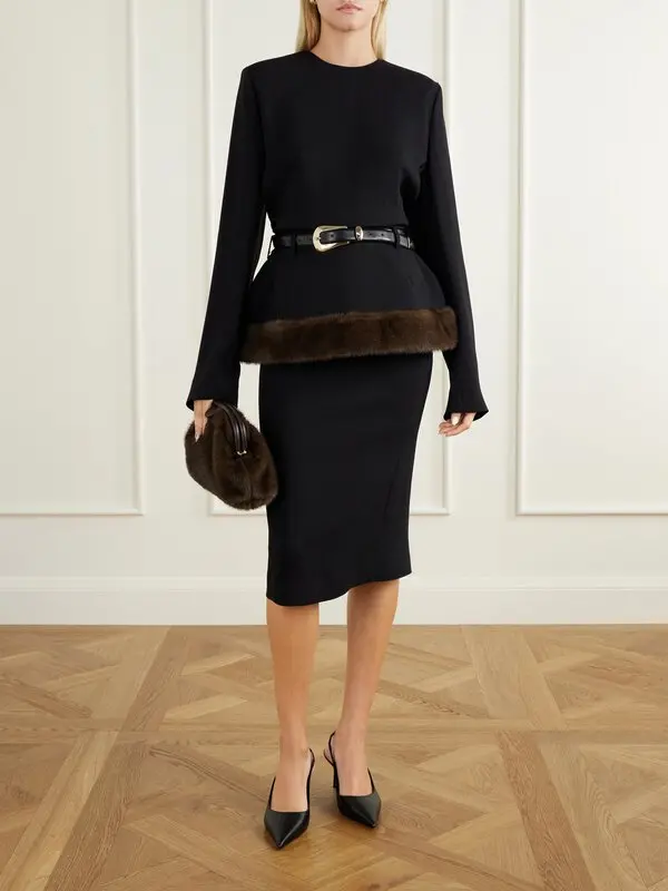 Stella McCartney Plush-trimmed Belted Crepe Midi Dress
