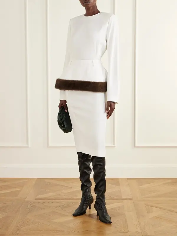Stella McCartney Plush-trimmed Belted Crepe Midi Dress