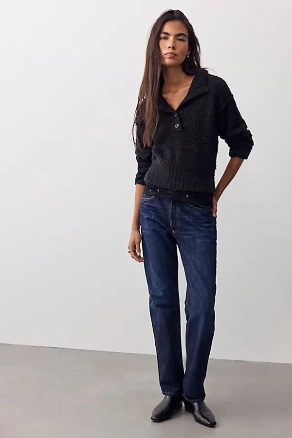 Free People Tucked Henley Pullover At - Washed Black Combo