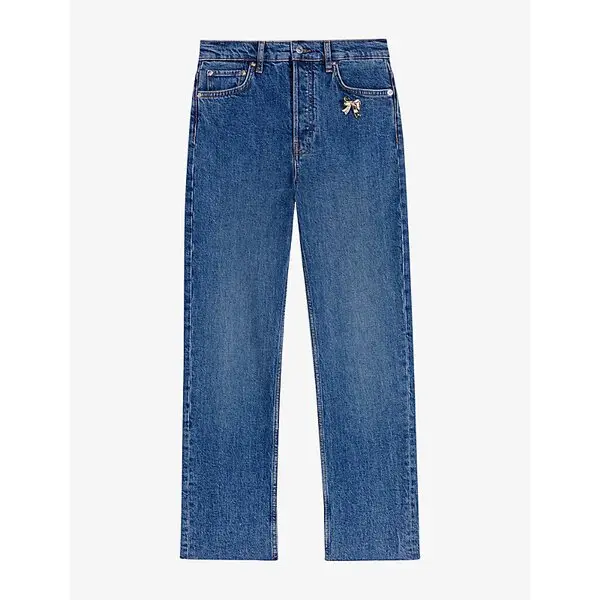 Maje Brooch-embellished Slim-fit Stretch-denim Jeans - Blue
