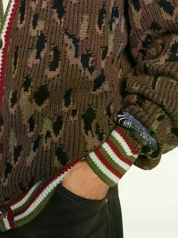 PDF Leopard-pattern Striped-trim Cardigan