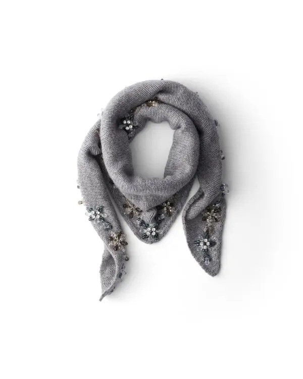 Prada Embroidered Cashmere Triangle Scarf - Grey