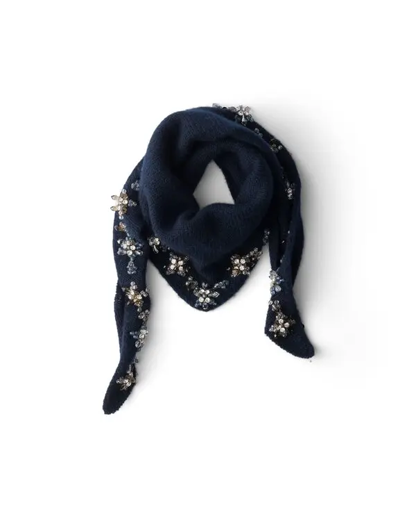 Prada Embroidered Cashmere Triangle Scarf - Navy