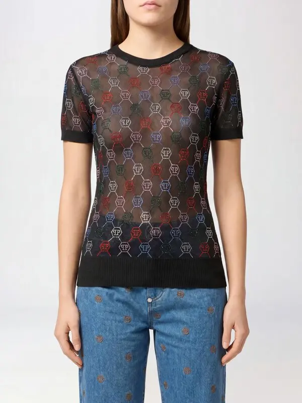 Philipp Plein Slim Fit Sheer Viscose Crewneck Top With Rhinestones - Black