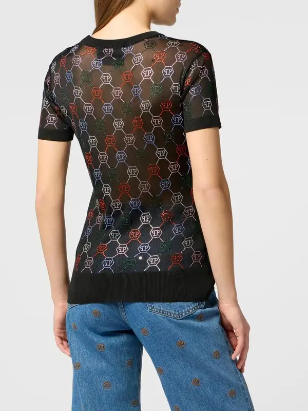 Philipp Plein Slim Fit Sheer Viscose Crewneck Top With Rhinestones