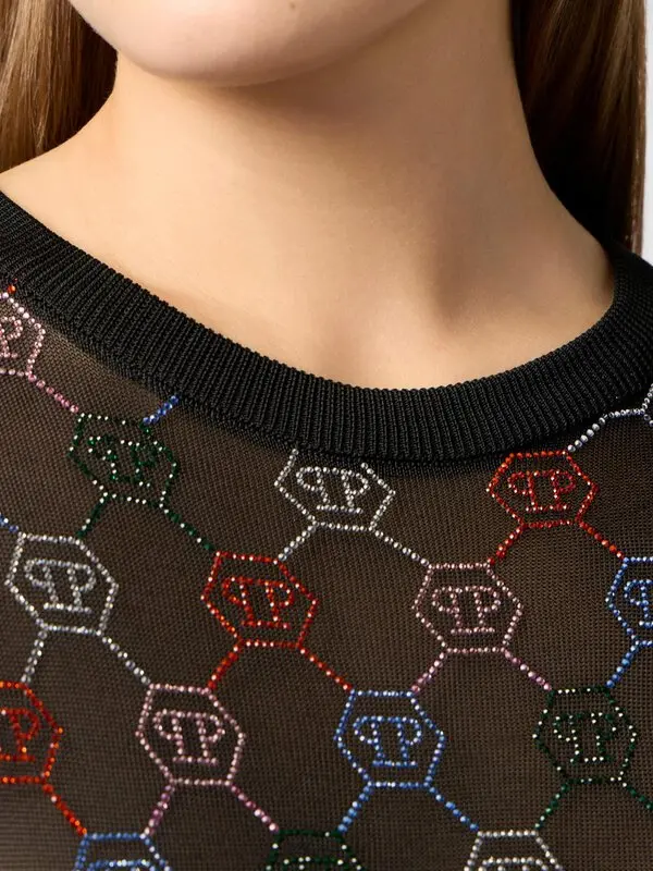 Philipp Plein Slim Fit Sheer Viscose Crewneck Top With Rhinestones
