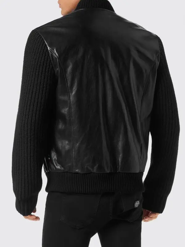 Philipp Plein Ribbed Wool Bomber Jacket With Calfskin Sleeves And Hexagon Logo