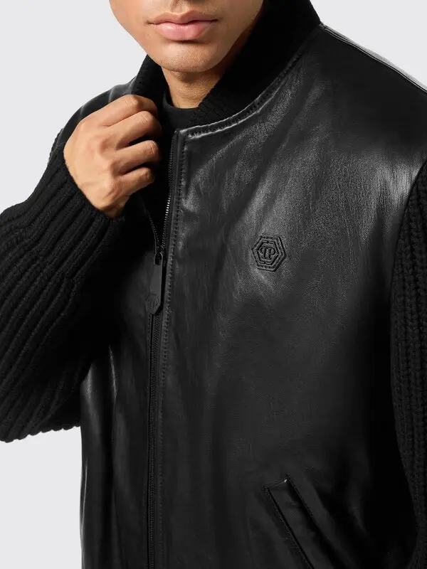 Philipp Plein Ribbed Wool Bomber Jacket With Calfskin Sleeves And Hexagon Logo