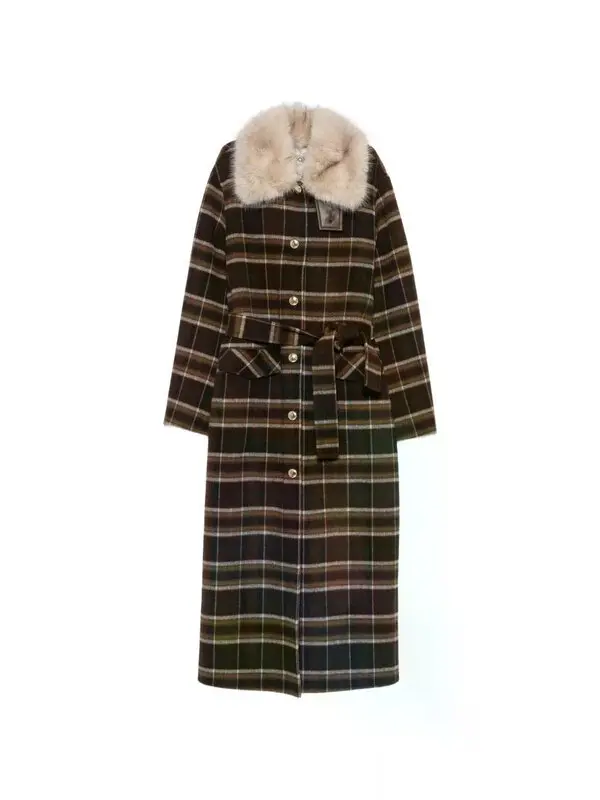 Maje Checked Faux-fur Collar Coat - Brown