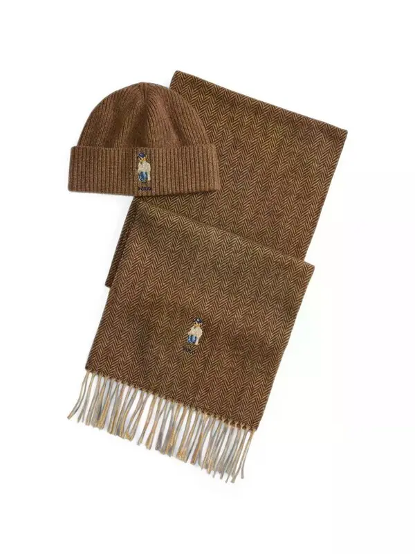 Polo Ralph Lauren Polo Bear Herringbone Beanie Hat And Scarf Set - Brown
