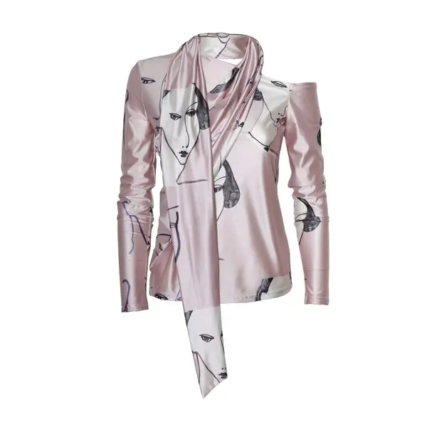 JULIA ALLERT Draped Shoulder Long-sleeve Printed Blouse Pale - Pink