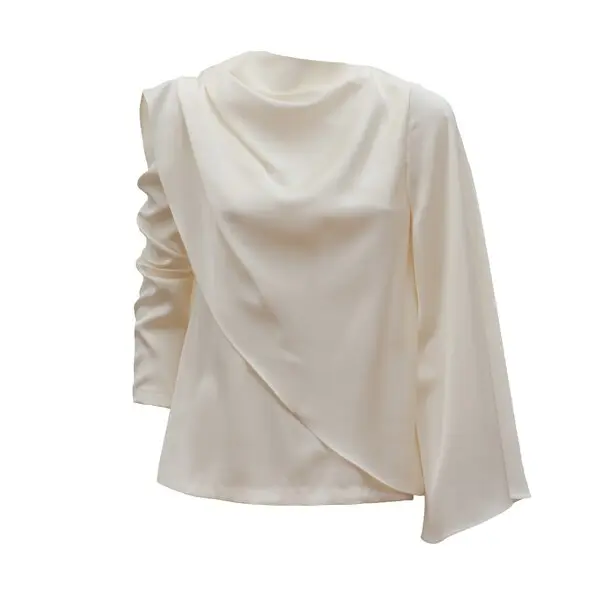 JULIA ALLERT Neutrals Draped Satin Blouse With Asymmetrical Sleeve Ivory