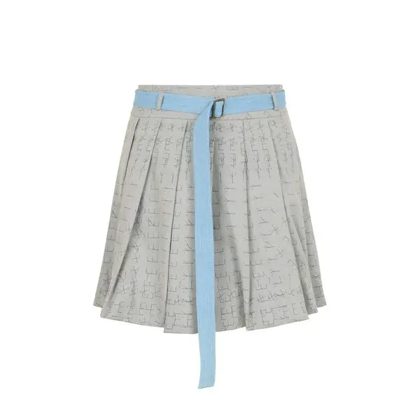 MAYAMU Lotto Pleated Mini Puffball Skirt With Denim Belt - Grey