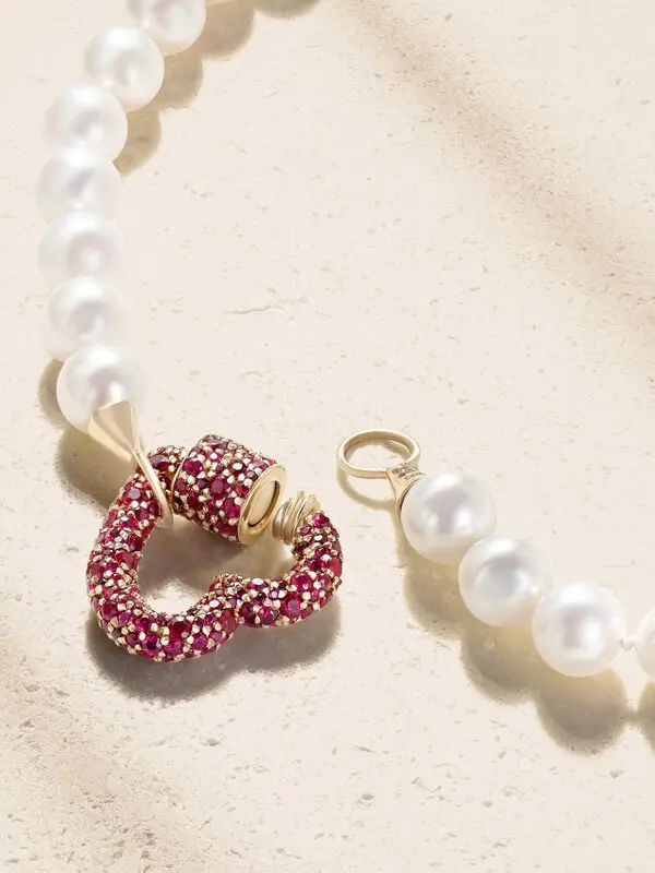 MARLA AARON Heartlock 14-karat Yellow Ruby And Pearl Necklace