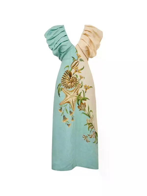 Farm Rio Marine Garden Puff Midi Dress - Blue