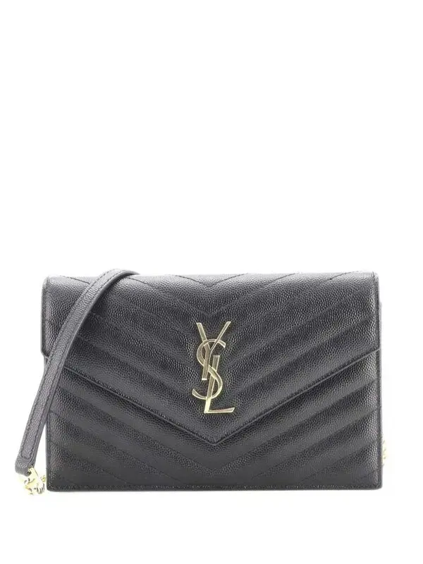 Saint Laurent Classic Monogram Wallet On Chain Matelasse Chevron Leather Small Crossbody Bag - Black