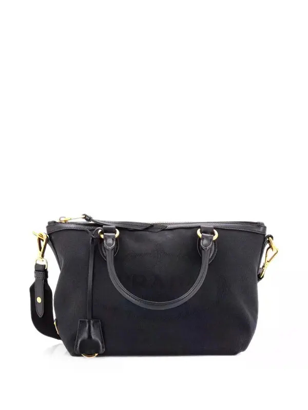 Prada Logo Convertible Zip Canvas With Leather Small Tote Bag